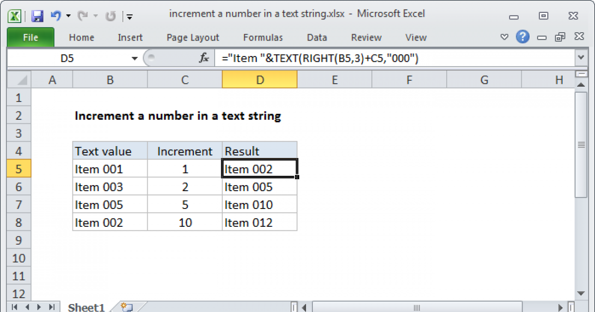 Increment A Number In A Text String Excel Formula Exceljet